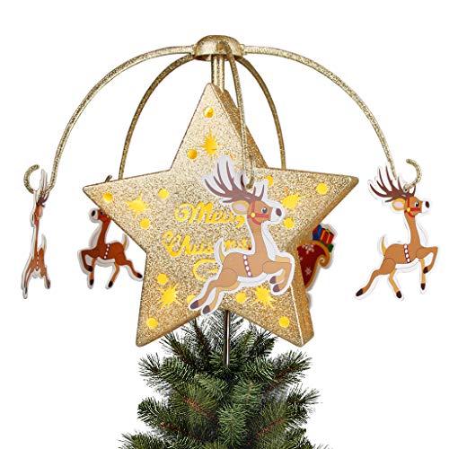 EAMBRITE Christmas Golden Star Tree Topper Motion Rotating Carousel Tr ...